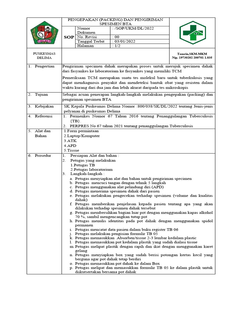 Sop Pengepakan Dan Pengiriman Spesimen Bta | PDF