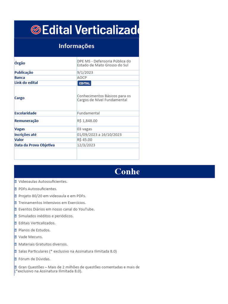Edital Verticalizado Dpe Ms Conhecimentos Basicos para Os Cargos de ...