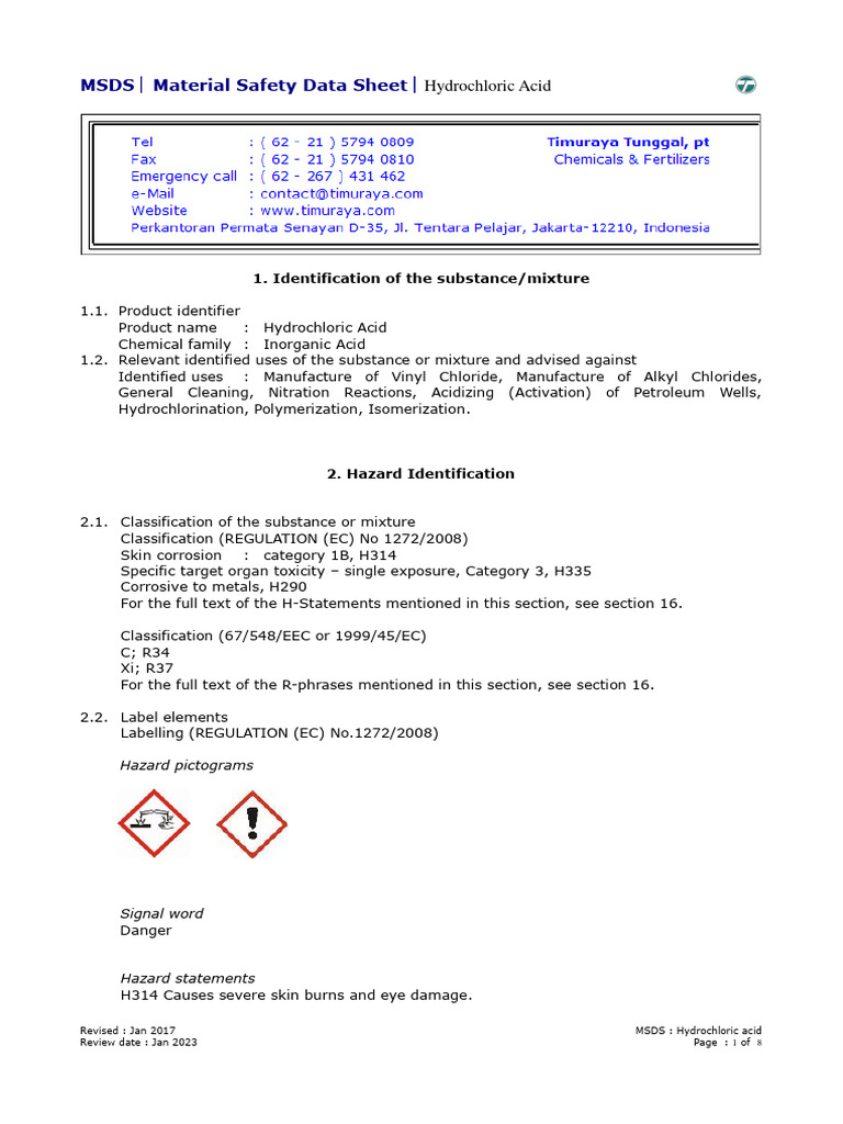 14 MSDS HCL TK-2 | PDF | Personal Protective Equipment | Physical Sciences