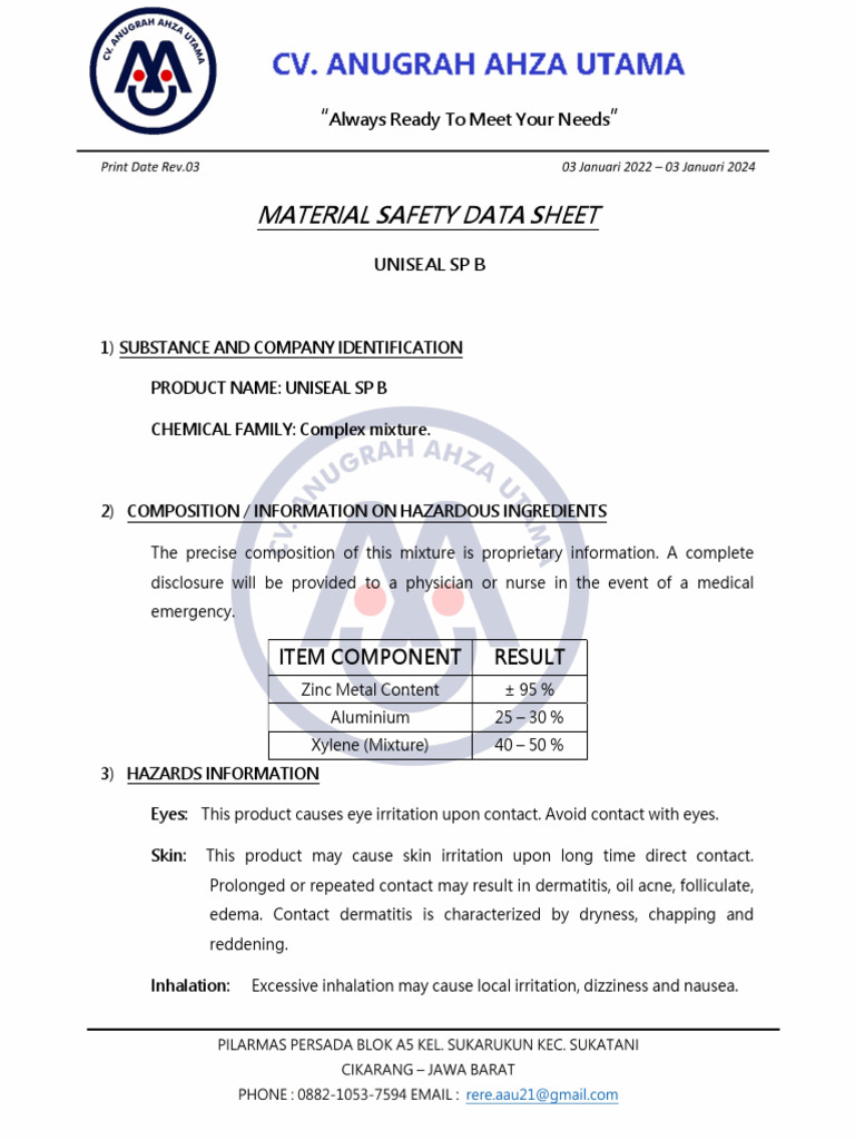 MSDS - Uniseal SP B - Jan 2024 | PDF | Water | Carbon Dioxide