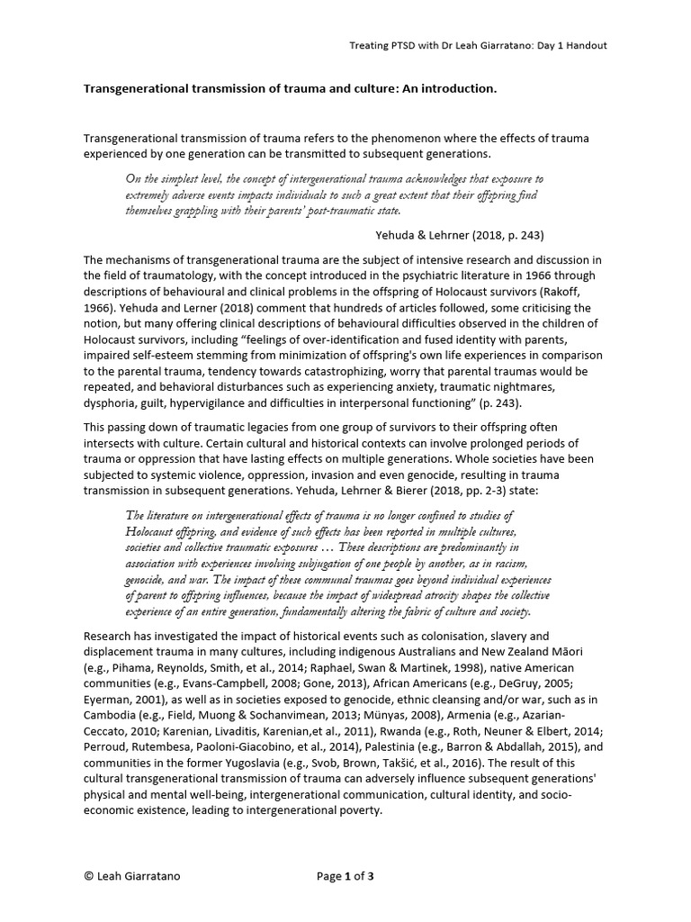 Day 1. Leah's Summary. Transgenerational Transmission of Trauma and ...