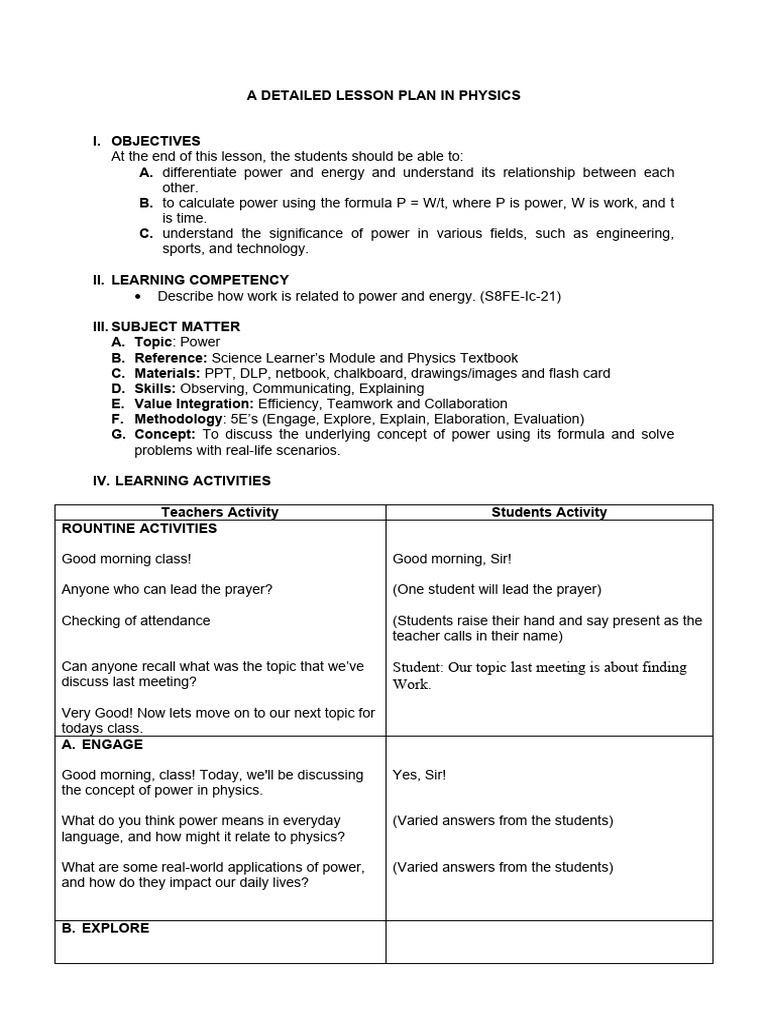 A Detailed Lesson Plan in Physics | Download Free PDF | Power (Physics ...