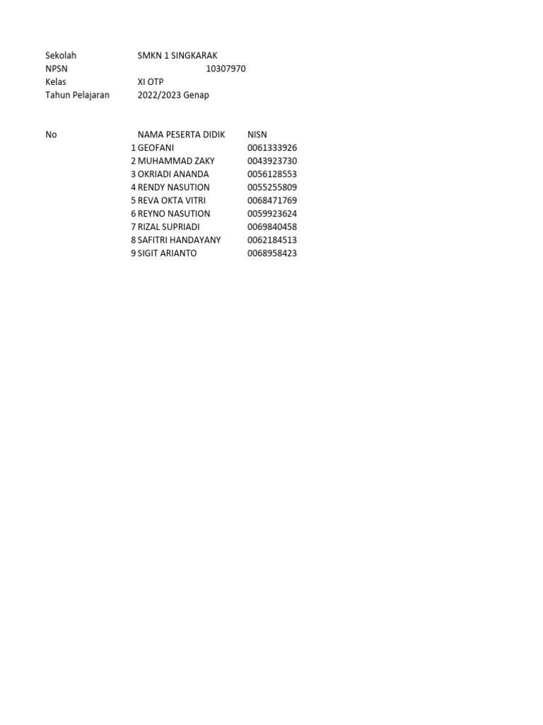 Leger Nilai Akhir Kelas XI OTP | PDF