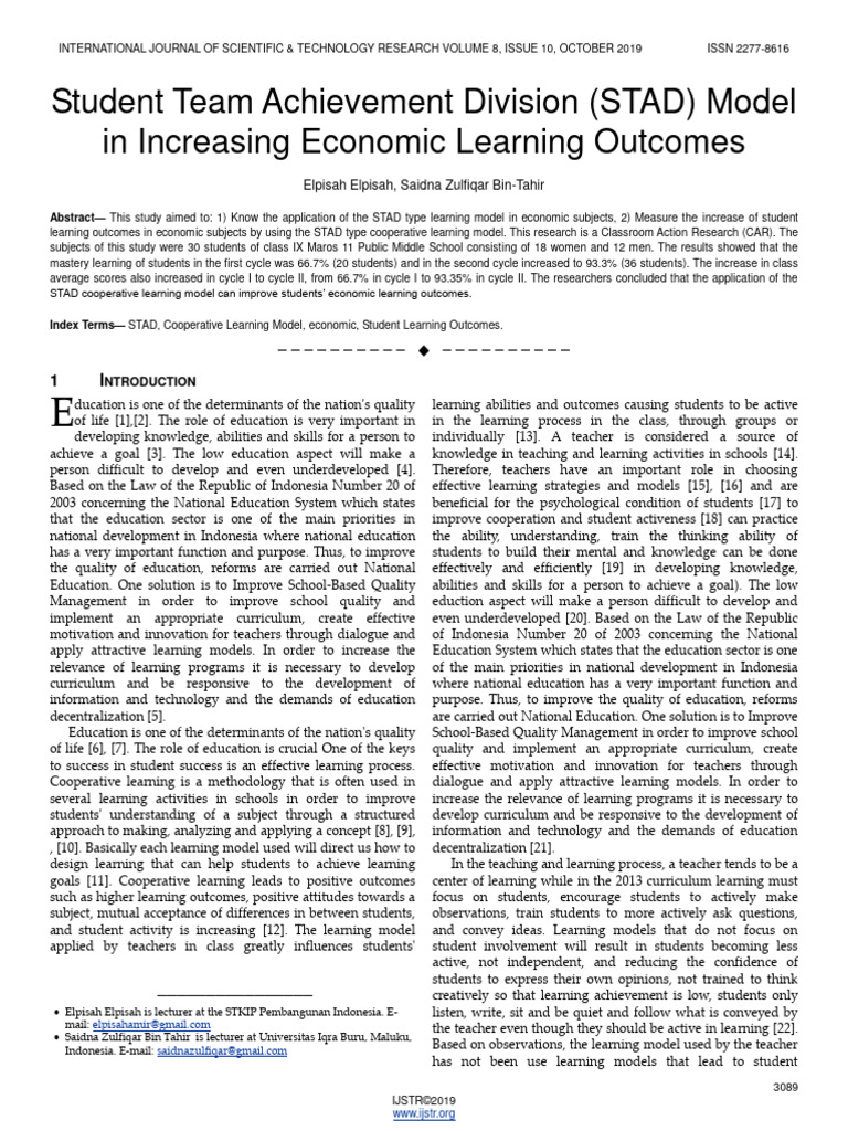 Student Team Achievement Division Stad Model in Increasing Economic Learning Outcomes | PDF ...
