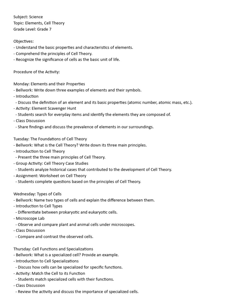 Grade 7 Science: Elements & Cell Theory | PDF | Cell (Biology) | Theory