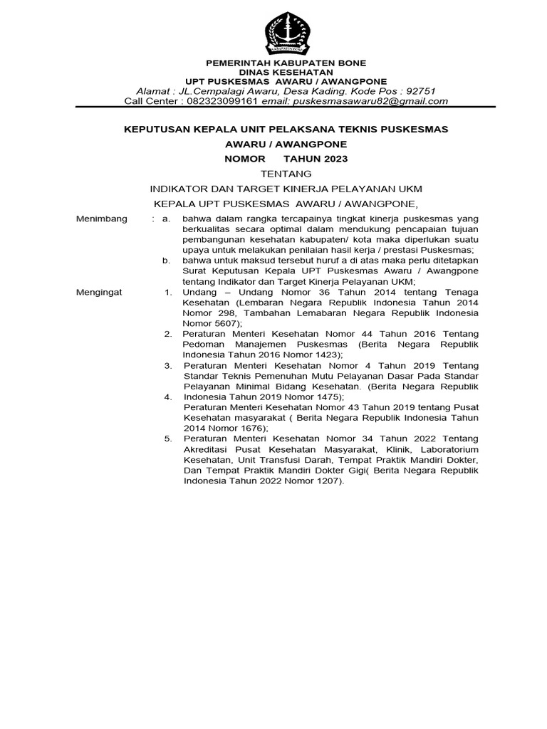 SK Kepala Puskesmas Tentang Indikator Dan Target Kinerja | PDF