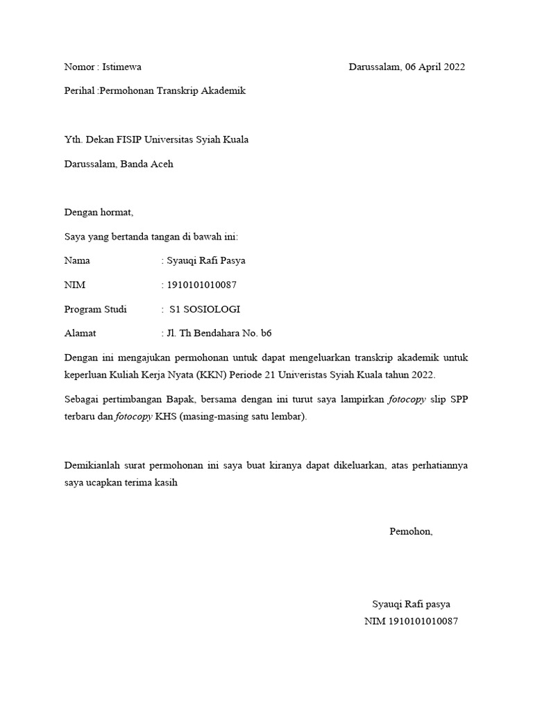 Surat Permohonan Transkrip Akademik Salinan | PDF