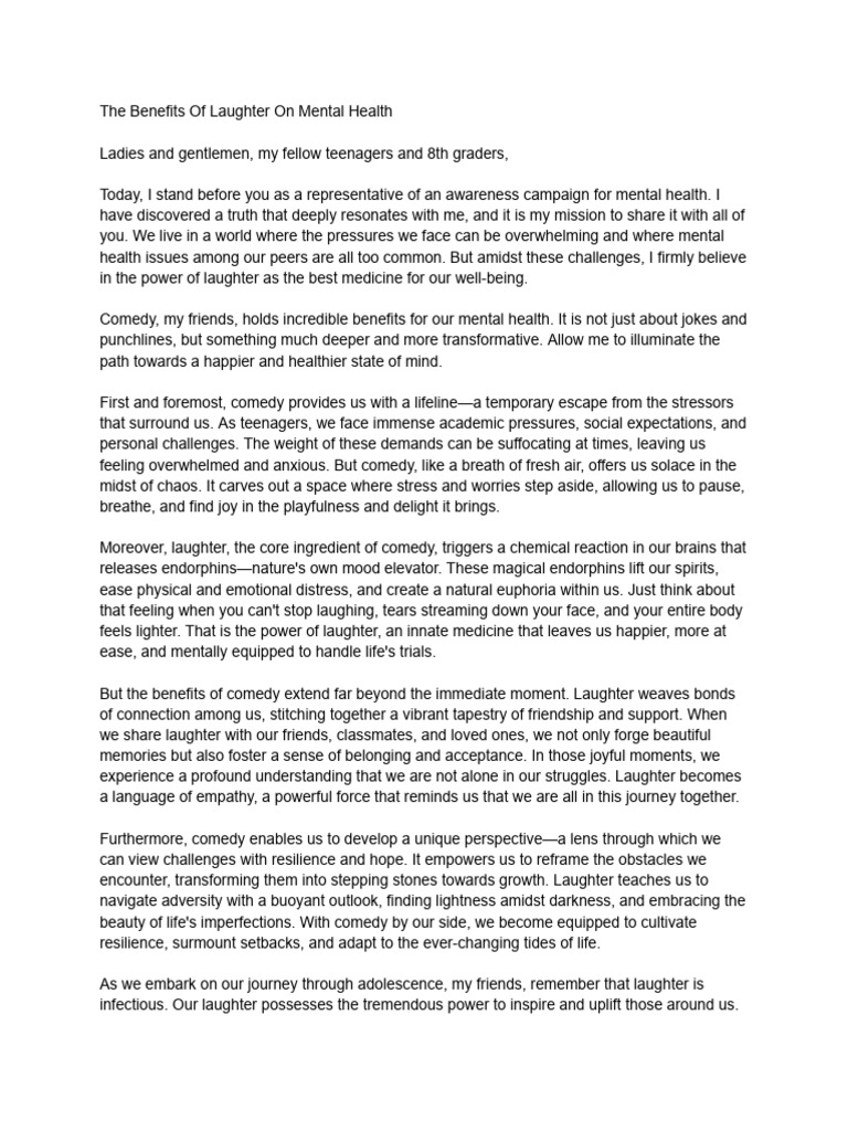 The Benefits of Laughter On Mental Health - Persuasive Essay | PDF ...