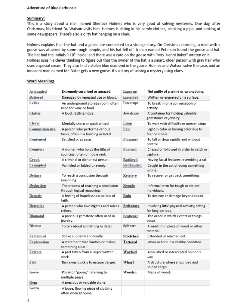 Adventure of Blue Carbuncle - Notes and Q&A | PDF | Sherlock Holmes ...