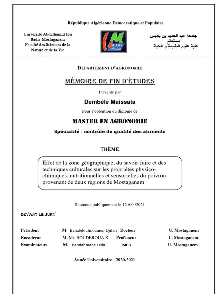 Mémoire de Fin D'études: Master en Agronomie | Descargar gratis PDF | Quantité | Unité de mesure