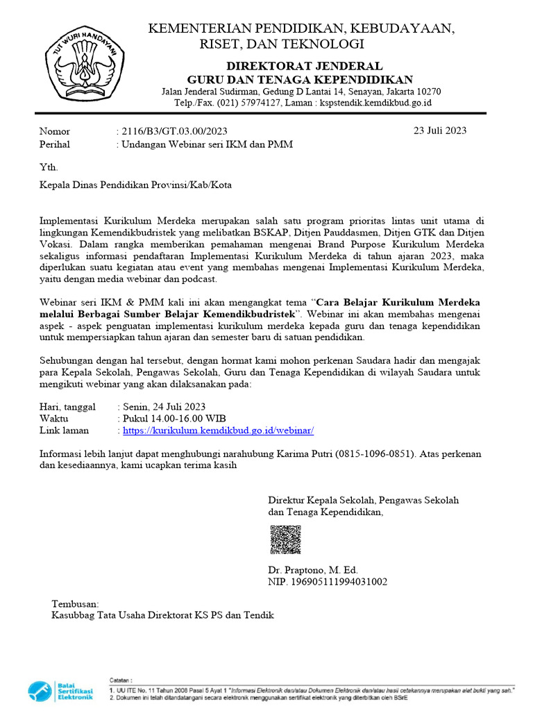 Surat Undangan Webinar seri IKM dan PMM (Dinas Pendidikan) | PDF