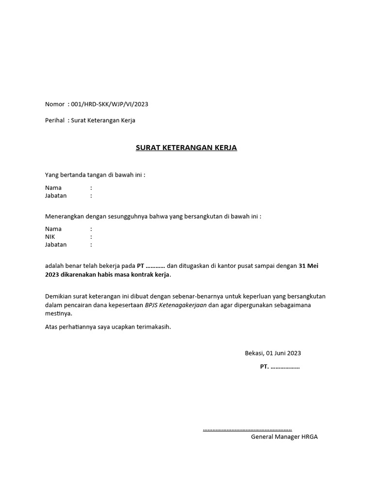Surat Keterangan Kerja BPJS TK | PDF