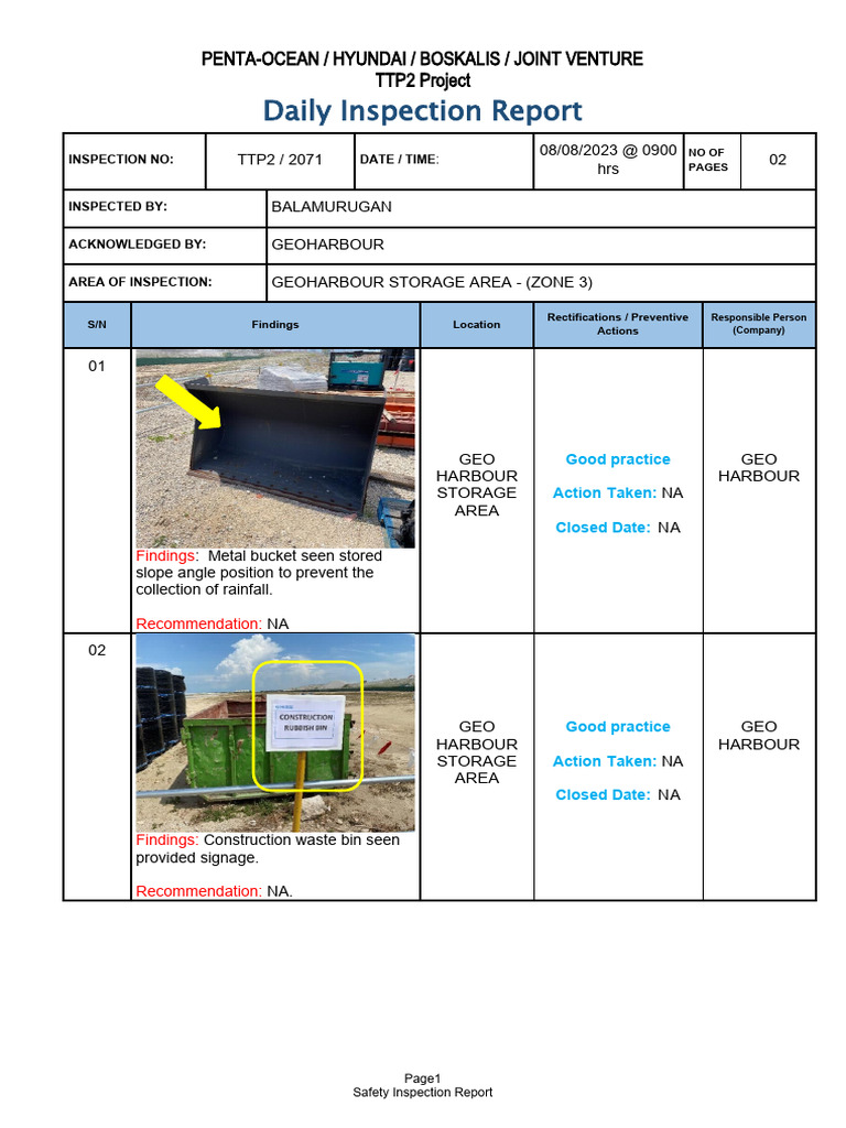 Health Safety & Environmental (HSE) Inspection Report - 08 AUG 2023 ...