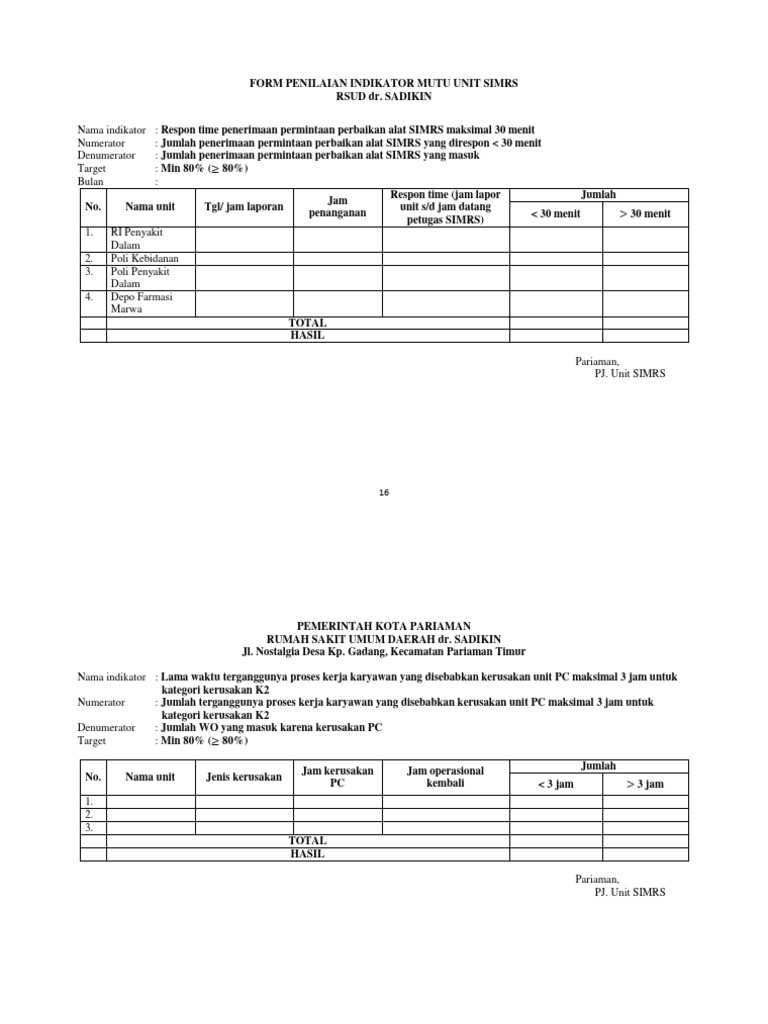 Form Penilaian Indikator Mutu Unit Simrs | PDF