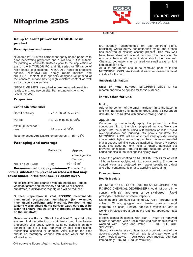 Nitoprime 25DS | PDF | Epoxy | Concrete