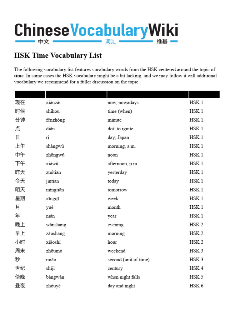 HSK Time Vocabulary List - AllSet Learning Vocabulary Wiki | PDF ...