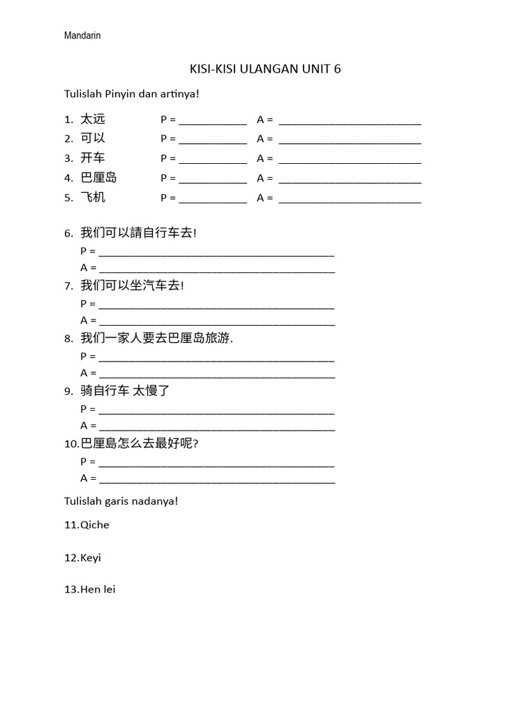 Mandarin Unit 6 Latihan | PDF