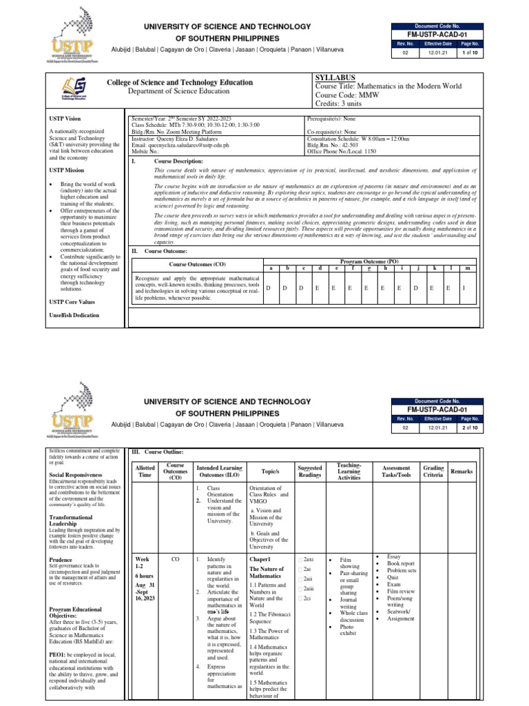 MATH 101 Mathematics in The Modern World Syllabus 2023 2024 | PDF ...
