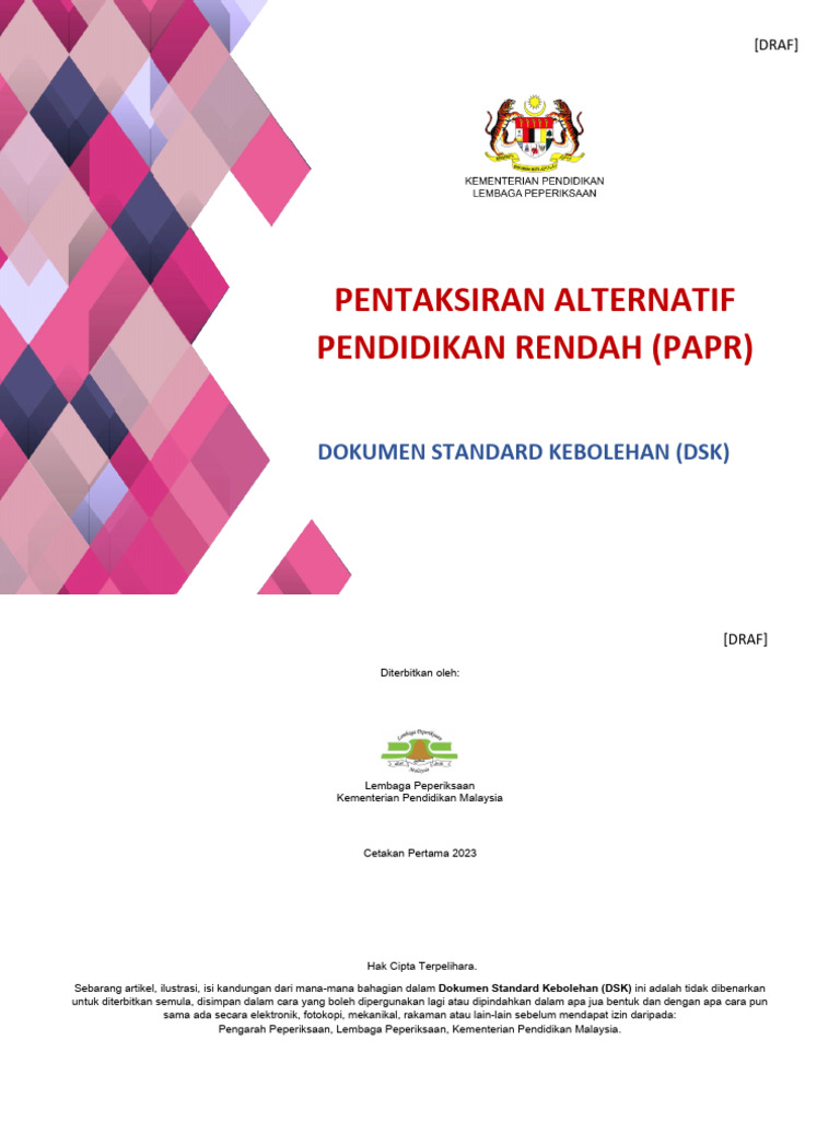 Pentaksiran Alternatif Pendidikan Rendah (Papr) : Dokumen Standard Kebolehan (DSK) | PDF