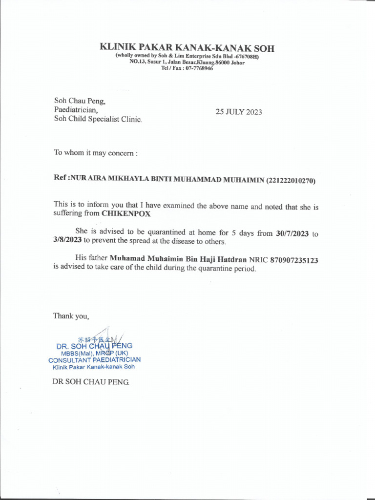 Surat Menjaga Anak Kuarantin | PDF
