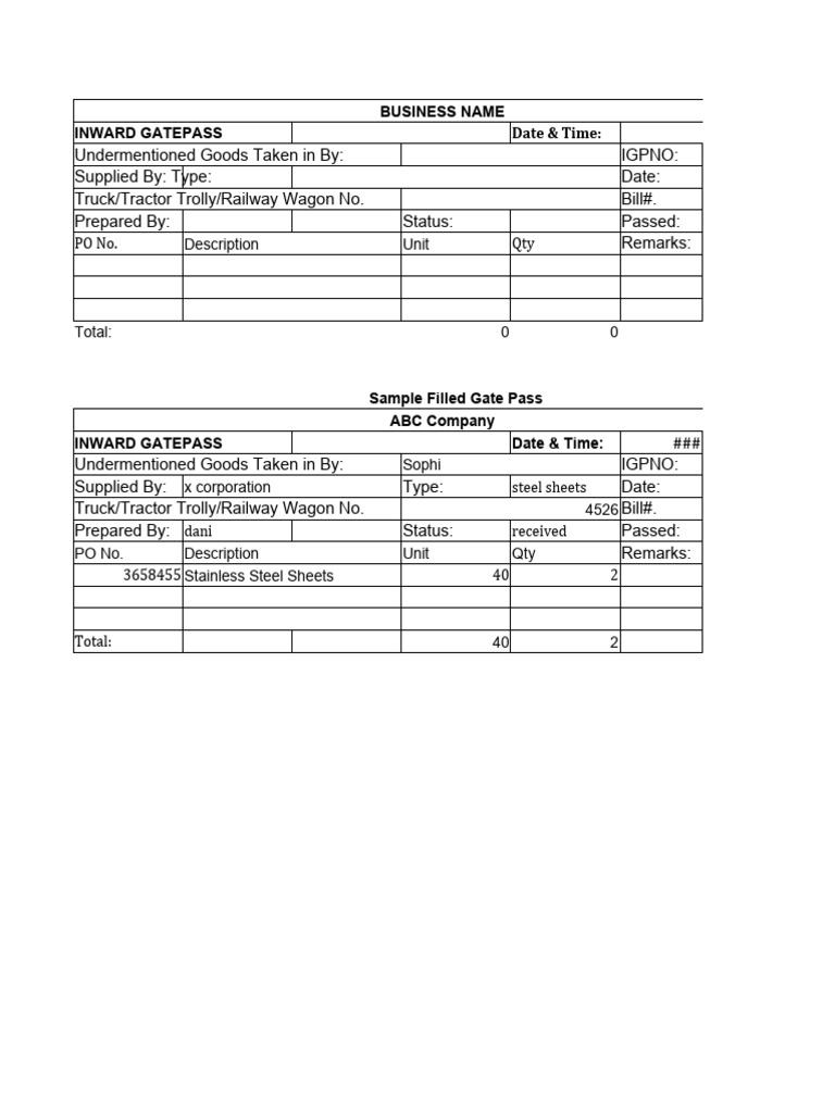 Inward, Outward Gate Pass Format For Companies, ERP, Etc in MS Excel ...