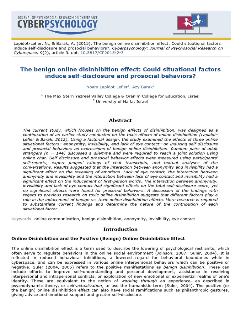 Benign Disinhibition Effect | PDF | Computer Mediated Communication ...