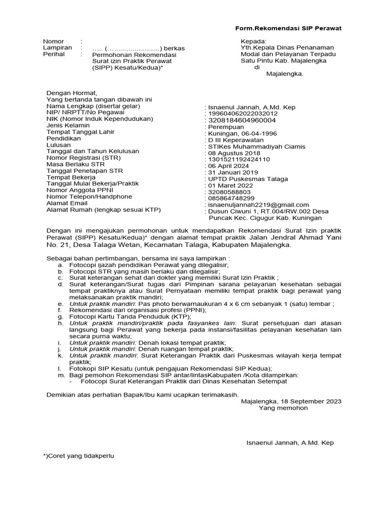 Form Rekomendasi SIP Perawat | PDF