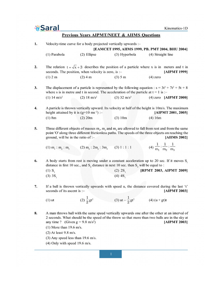 Kinematics 1D - NEET Previous Year Questions With Complete Solutions | PDF | Kinematics | Motion ...