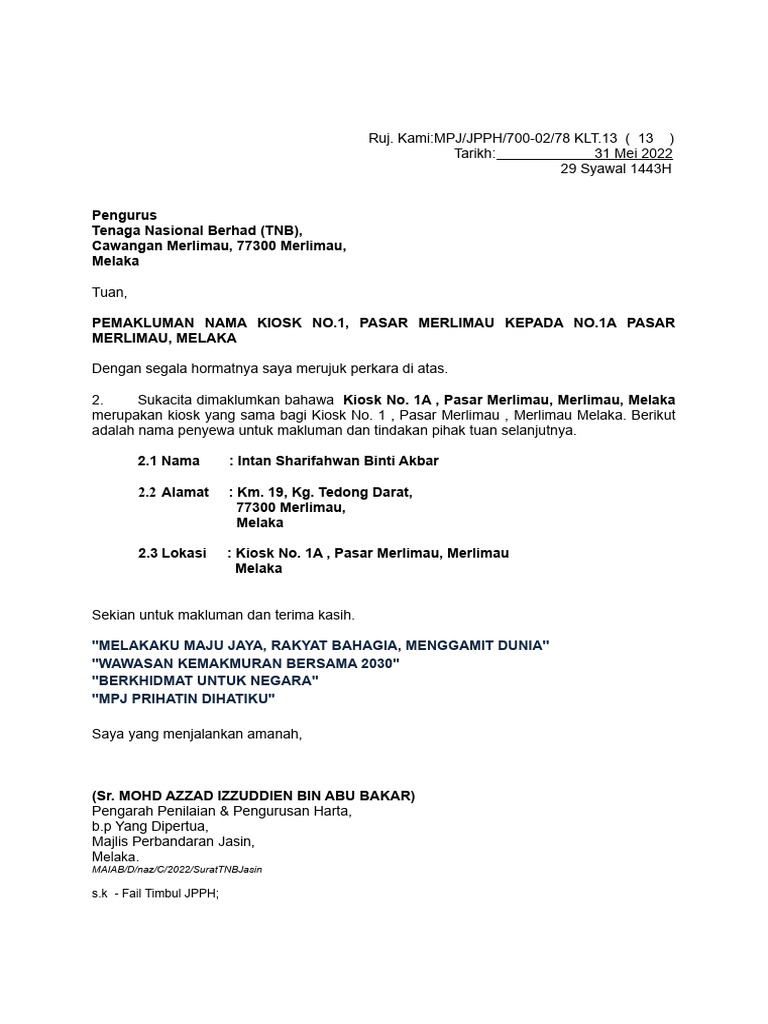 Surat TNB Jasin No.1A Pasar Merlimau | PDF