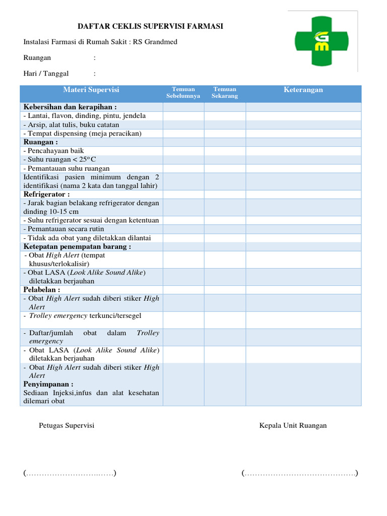 Ceklis Supervisi Farmasi RS Grandmed | PDF