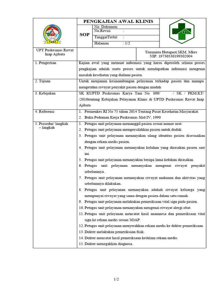 3211 SOP-Pengkajian-Awal-Klinis-Screening | PDF | Pengembangan Diri | Sains & Matematika