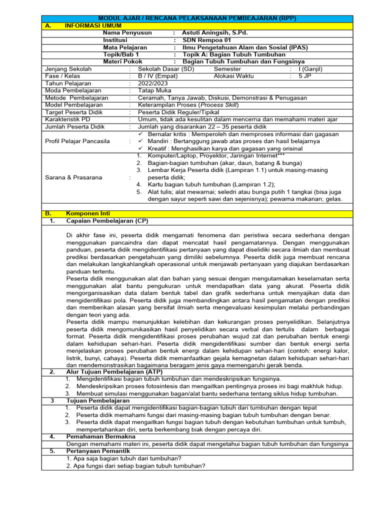 Modul Ajar Ipas-Bagian Tubuh Tumbuhan | PDF