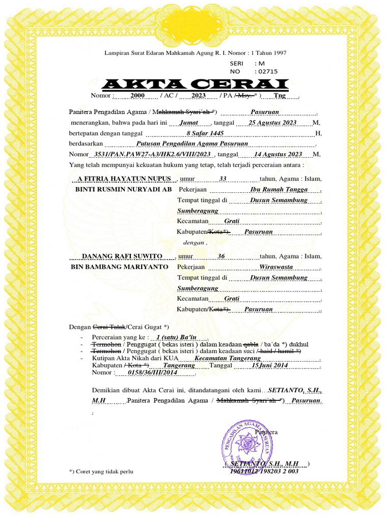 Contoh akta cerai | PDF
