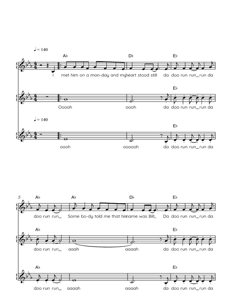 Da Doo Run Run - Simple 3 Part Harmony Arrangement | PDF