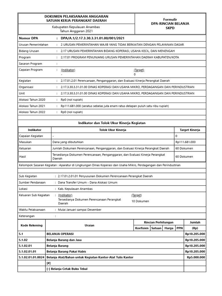 DPA-Perencanaan, Penganggaran, Dan Evaluasi Kinerja Perangkat Daerah | PDF