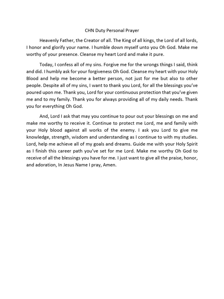 CHN Duty Personal Prayer | PDF | Religion & Spirituality | Cooking ...