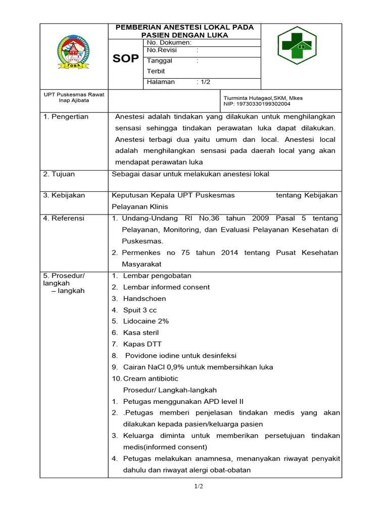 Sop PEMBERIAN ANESTESI LOKAL PADA PASIEN DENGAN LUKA | PDF