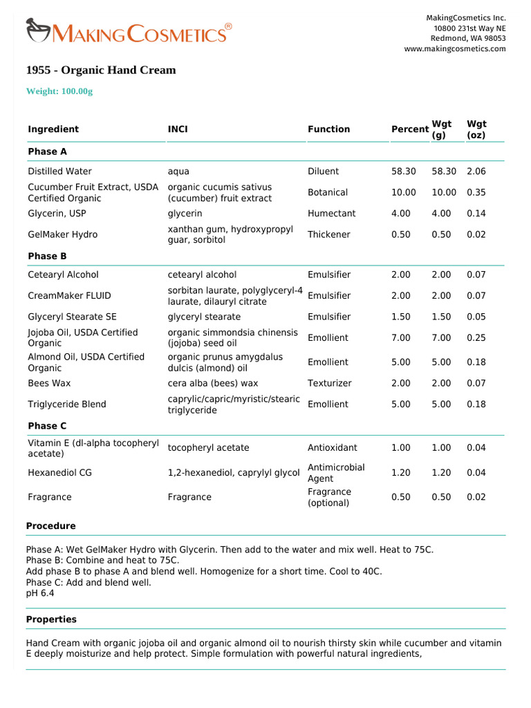 Organic Hand Cream Formulation Guide | PDF | Glycerol | Almond