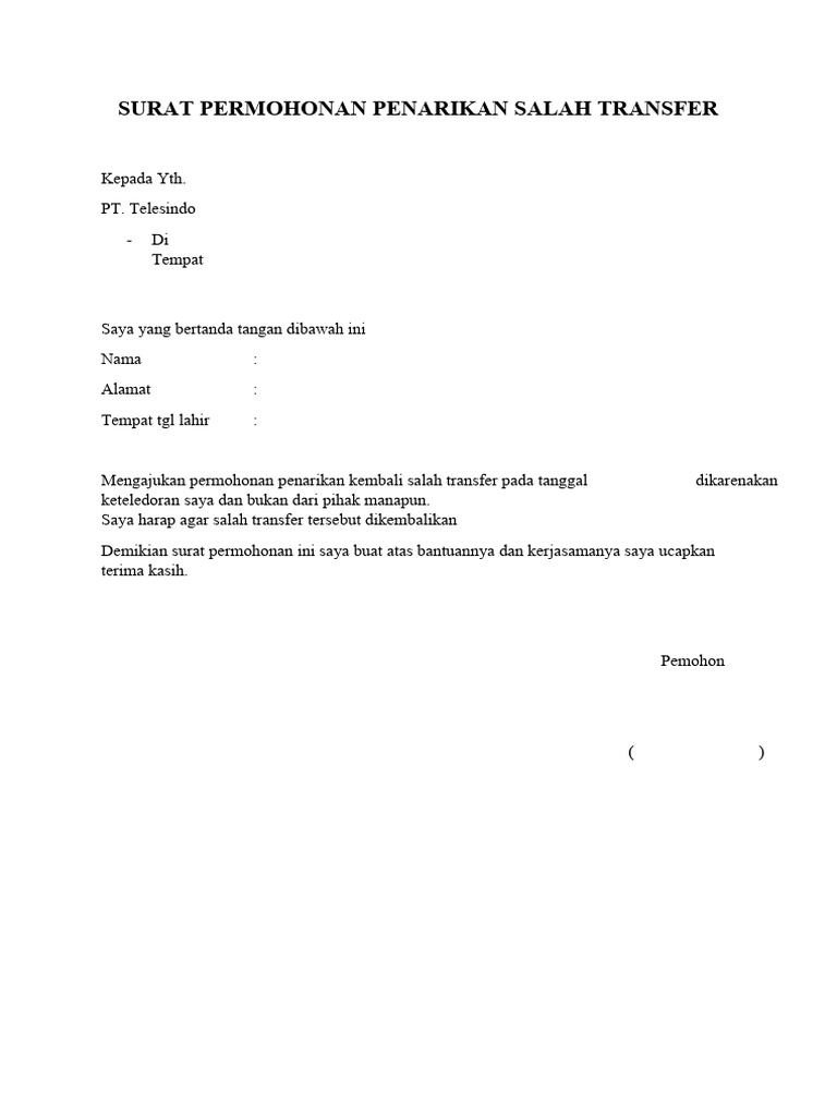 Surat Permohonan Penarikan Salah Transfer | PDF