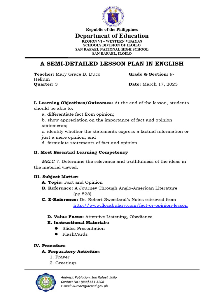 Grade 9 Fact and Opinion Lesson Plan | PDF | Cognition | Learning