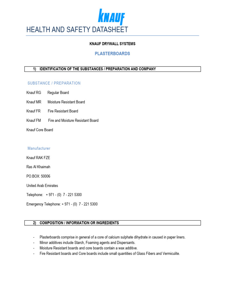 MSDS Knauf Gypsum Boards | PDF | Drywall | Water