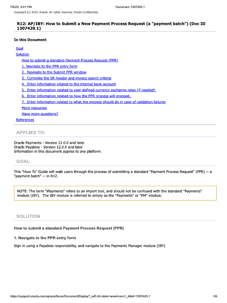 Payment Process Request - Payment Batch How To Doc ID 1307420.1 | PDF