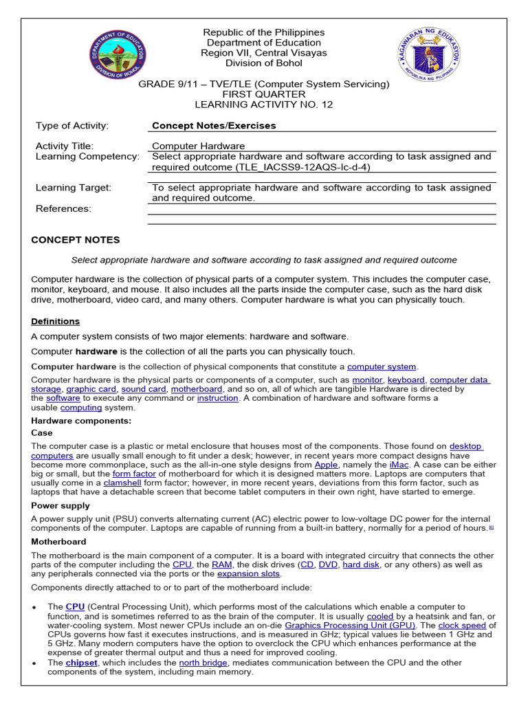 DLP Tve-Tle Css q1 Act 12 | PDF | Computer Hardware | Bios