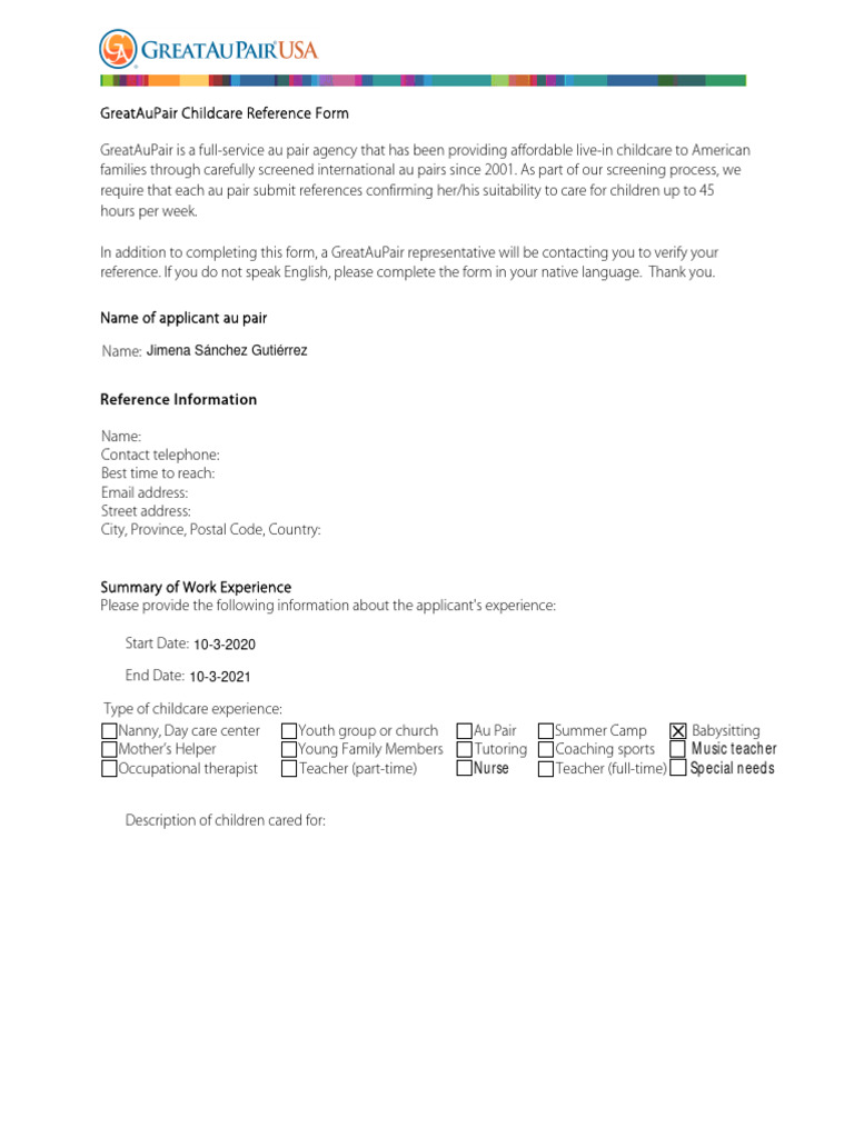 Childcare Reference Form | PDF | Child Care | Parenting