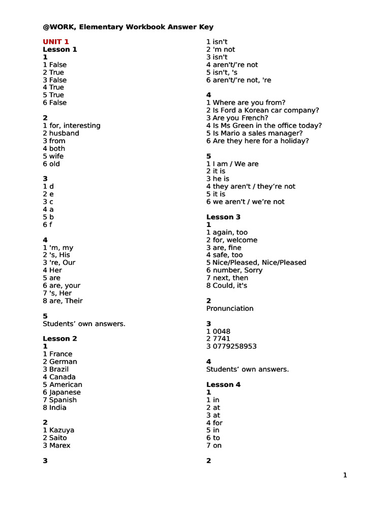 @work WB Elementary Answer Key | PDF