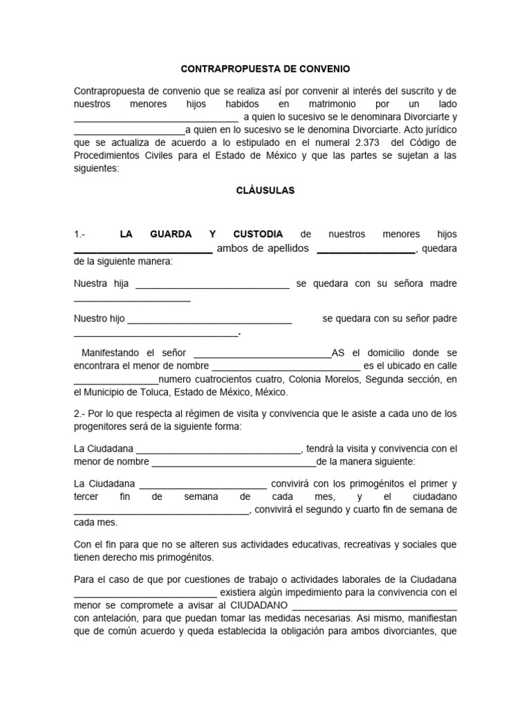 Contrapropuesta de Convenio de Divorcio | PDF | Pensión alimenticia ...