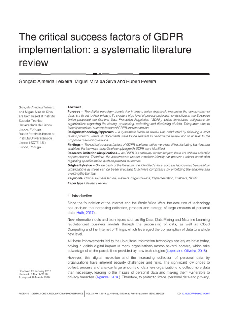 The Critical Success Factors of GDPR Implementation - A Systematic ...