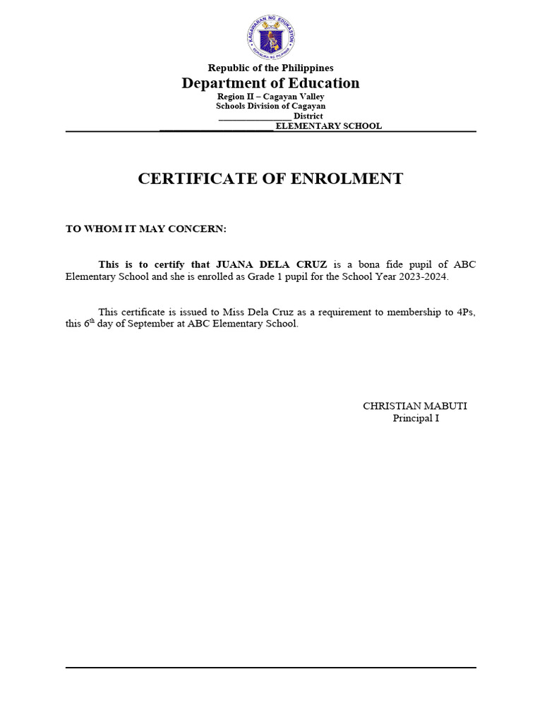 Certificate of Enrolment Sample | PDF
