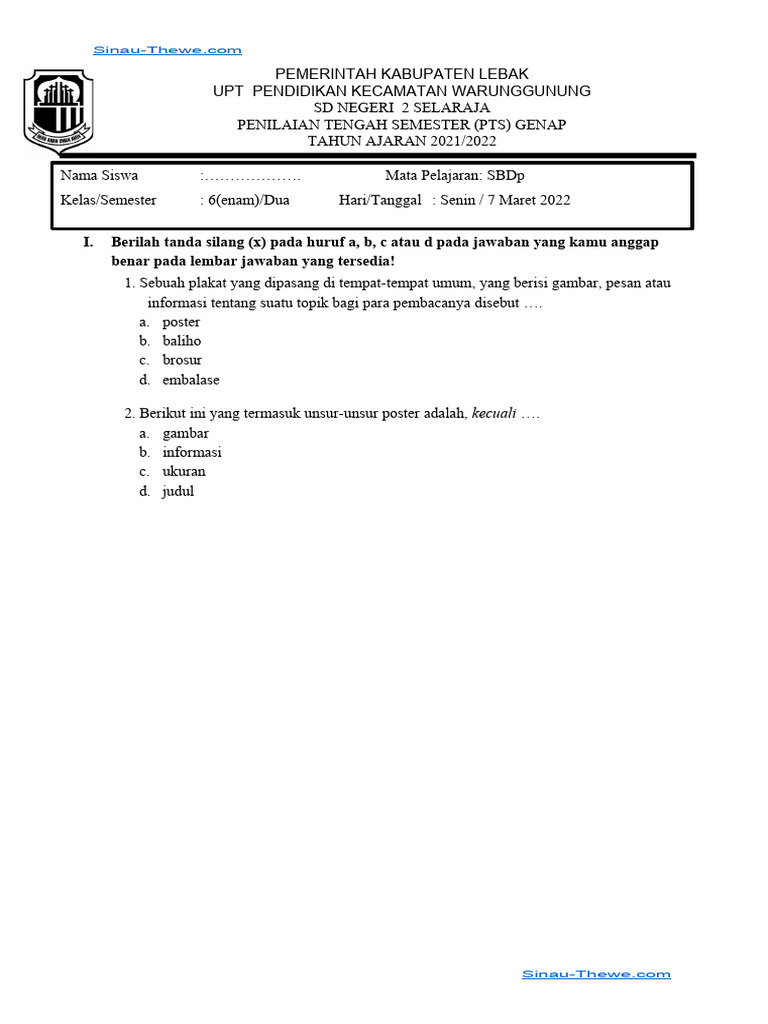 Soal Pts Kelas 6 SBDP | PDF