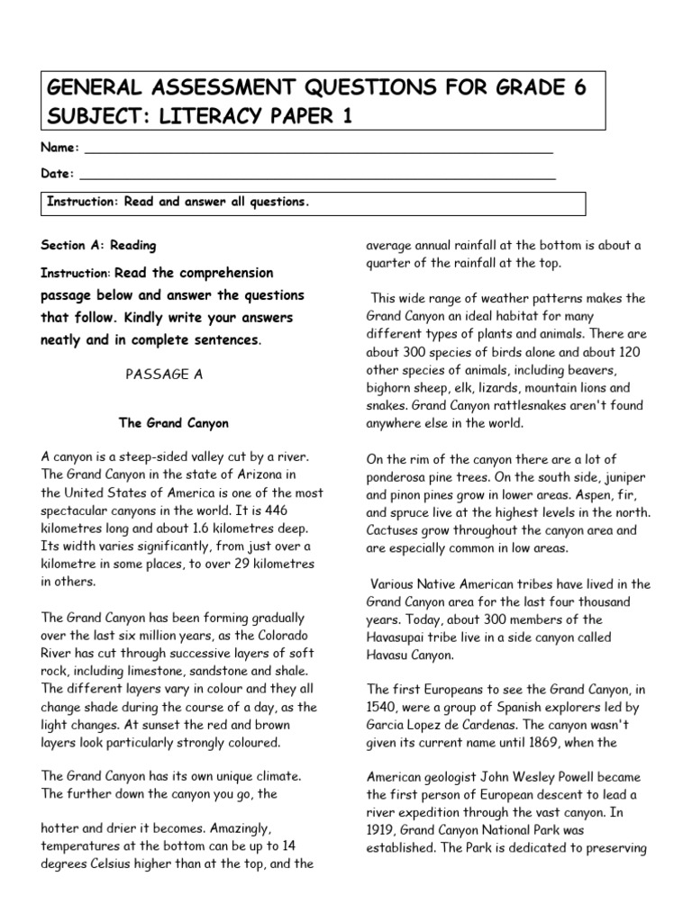 Grade 6 Literacy Pdf Grand Canyon Yarn